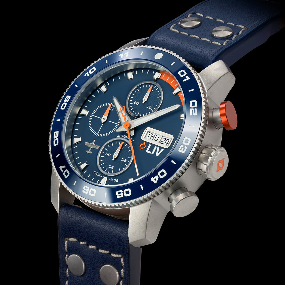 Shop Titanium Blue & Orange LIV P-51 42MM – LIV Swiss Watches